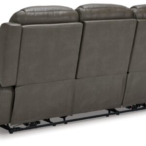 Signature Design by Ashley Card Player Contemporary Faux Leather Tufted Power Reclining Sofa with Adjustable Headrest, Gray