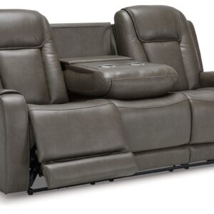 Signature Design by Ashley Card Player Contemporary Faux Leather Tufted Power Reclining Sofa with Adjustable Headrest, Gray