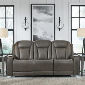 Signature Design by Ashley Card Player Contemporary Faux Leather Tufted Power Reclining Sofa with Adjustable Headrest, Gray