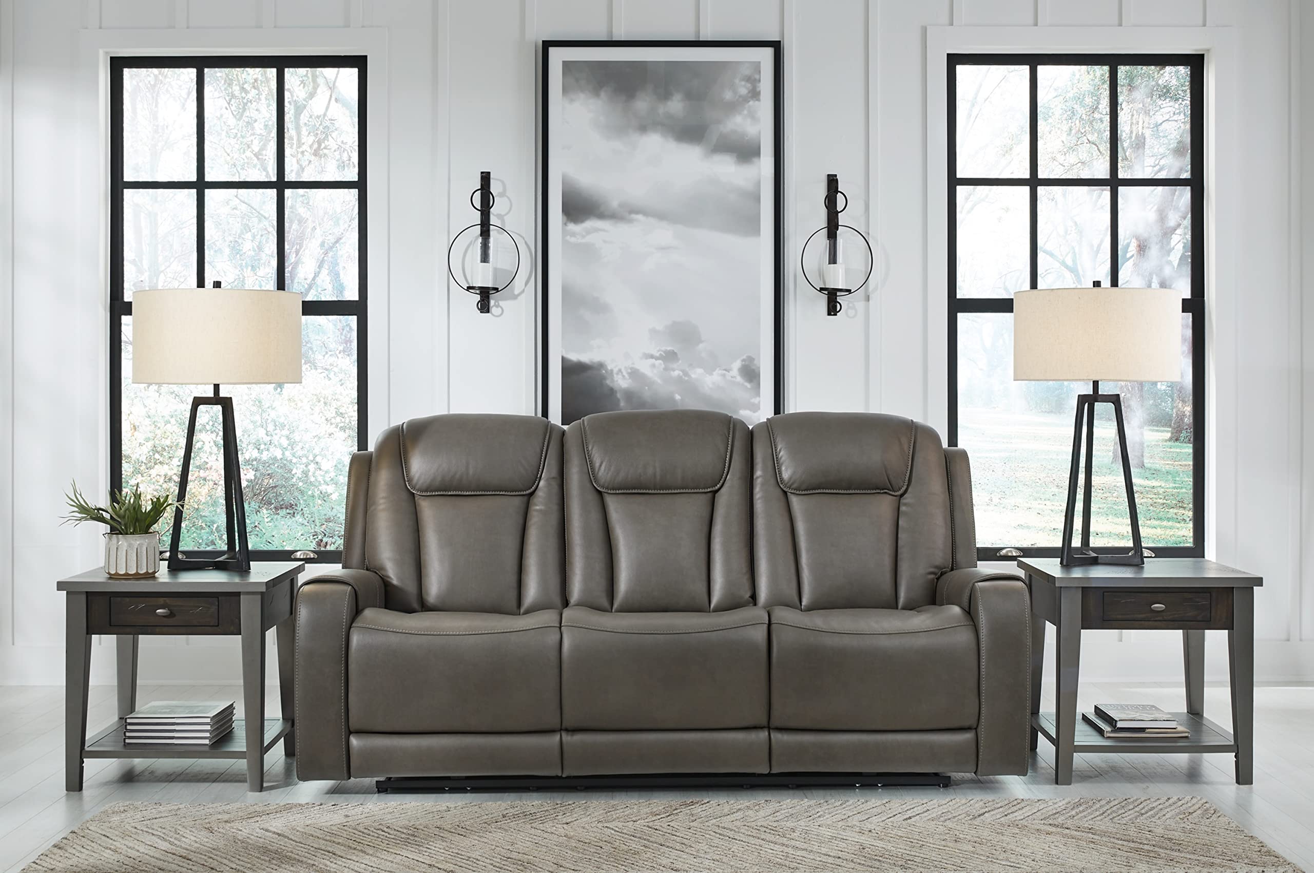 Signature Design by Ashley Card Player Contemporary Faux Leather Tufted Power Reclining Sofa with Adjustable Headrest, Gray