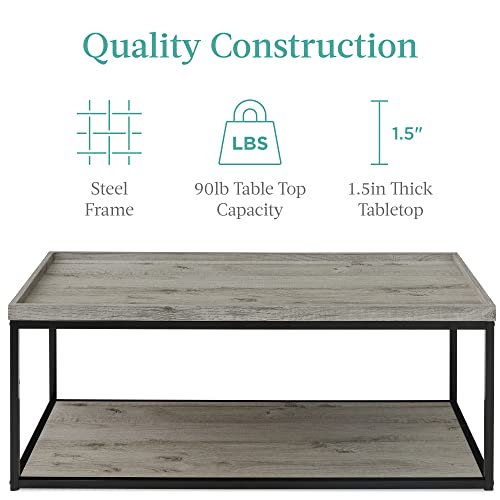 Best Choice Products 44in 2-Tier Rectangular Tray Top Coffee Table, Recessed Accent Furniture for Home w/Metal Frame, Shelf - Gray