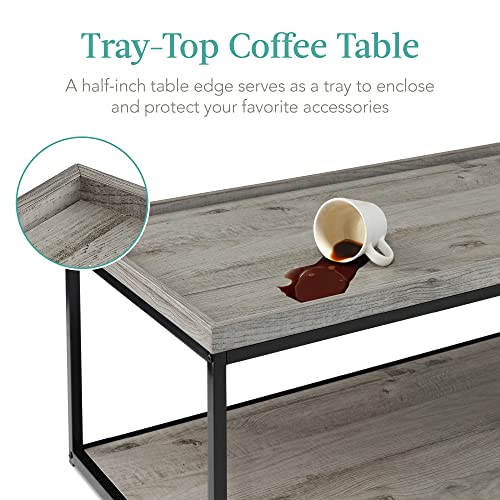 Best Choice Products 44in 2-Tier Rectangular Tray Top Coffee Table, Recessed Accent Furniture for Home w/Metal Frame, Shelf - Gray