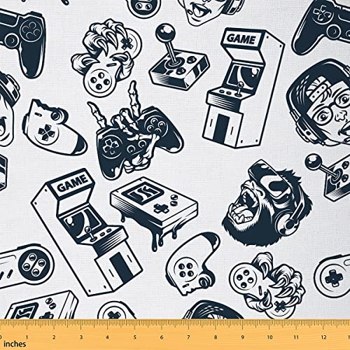 Video Games Fabric by The Yard, Cartoon Upholstery Fabric for Boys Girls, Monochrome Sketch Gaming Equipment Decorative Fabric, House Collection Outdoor Fabric for Quilting, 1 Yard, Black White