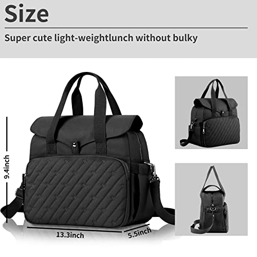 Anfeichen Insulated Lunch Bag Women For Work,Leakproof Lunch Box for Men Large Lunch Tote Bag,Embroidered Cooler Bag with Shoulder Strap (Black)