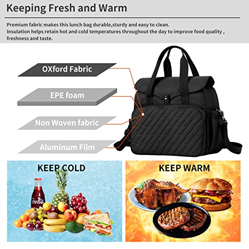 Anfeichen Insulated Lunch Bag Women For Work,Leakproof Lunch Box for Men Large Lunch Tote Bag,Embroidered Cooler Bag with Shoulder Strap (Black)