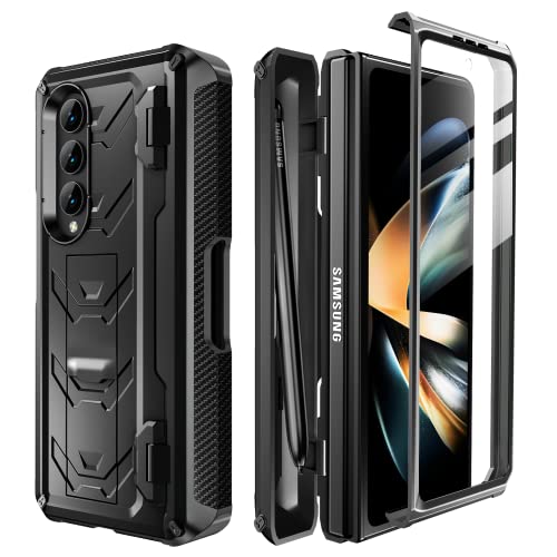 Maxdara Galaxy Z Fold 4 Case - S Pen Holder, Kickstand, Hinge Protection & Built-in Screen Protector (Black)