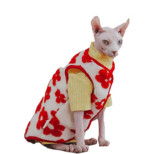 Sphynx Cat Clothes Fleece Winter Warm Thicken Coat with Sleeveless Cute Snap Handwork Jacket Cat Apparel Pet Clothes for Cat (Red Flowers, M (6-7.7lbs))