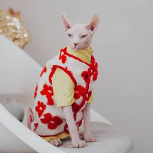 Sphynx Cat Clothes Fleece Winter Warm Thicken Coat with Sleeveless Cute Snap Handwork Jacket Cat Apparel Pet Clothes for Cat (Red Flowers, M (6-7.7lbs))