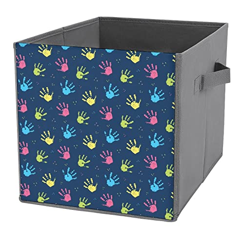 Hand Prints Pattern Storage Bin Foldable Cube Closet Organizer Square Baskets Box with Dual Handles