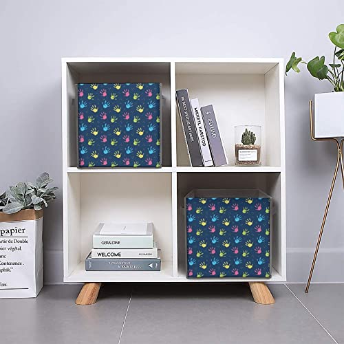 Hand Prints Pattern Storage Bin Foldable Cube Closet Organizer Square Baskets Box with Dual Handles