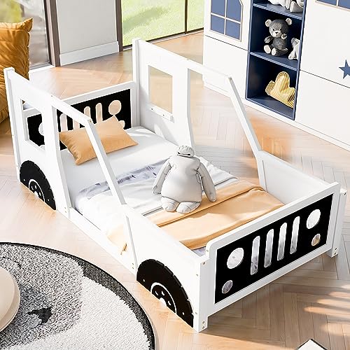 Aiuyesuo Twin Size Classic Car-Shaped Platform Bed with 2 Wheels and Headboard, Wooden Platform Bed Frame with 2 Doors and Windows for Kids Boys Girls, Wheels Shape, Space Saving (White-TK)