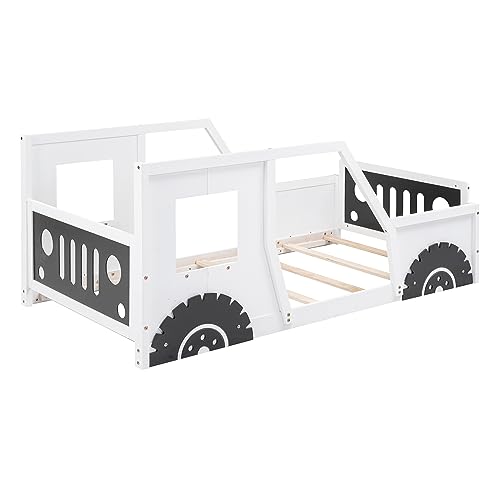 Aiuyesuo Twin Size Classic Car-Shaped Platform Bed with 2 Wheels and Headboard, Wooden Platform Bed Frame with 2 Doors and Windows for Kids Boys Girls, Wheels Shape, Space Saving (White-TK)