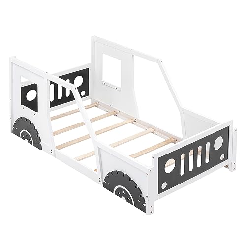 Aiuyesuo Twin Size Classic Car-Shaped Platform Bed with 2 Wheels and Headboard, Wooden Platform Bed Frame with 2 Doors and Windows for Kids Boys Girls, Wheels Shape, Space Saving (White-TK)