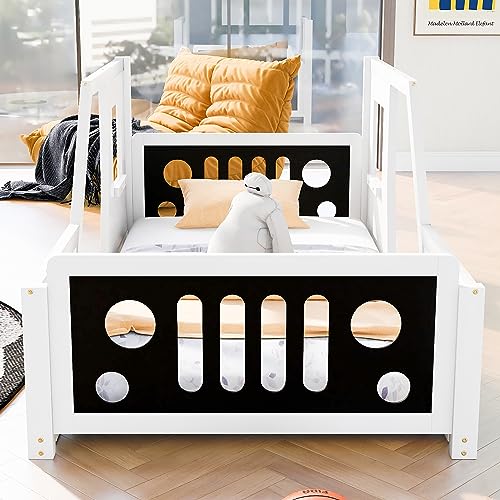 Aiuyesuo Twin Size Classic Car-Shaped Platform Bed with 2 Wheels and Headboard, Wooden Platform Bed Frame with 2 Doors and Windows for Kids Boys Girls, Wheels Shape, Space Saving (White-TK)