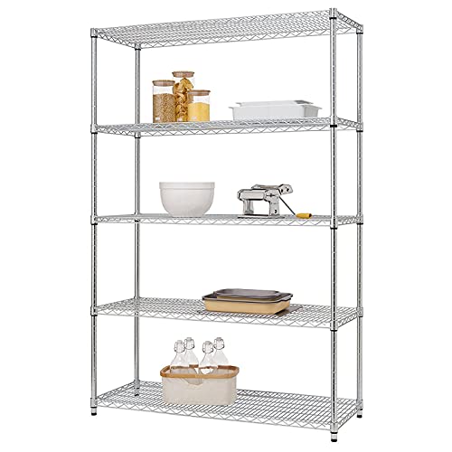 Duitrc Wire Shelving Unit Adjustable Steel Wire Rack Chrome, Heavy Duty Storage Shelving Unit On,Floor Standing Storage Rack Metal Organizer Wire Rack,for Garage Kitchen (Silvery, 5 - Tier)