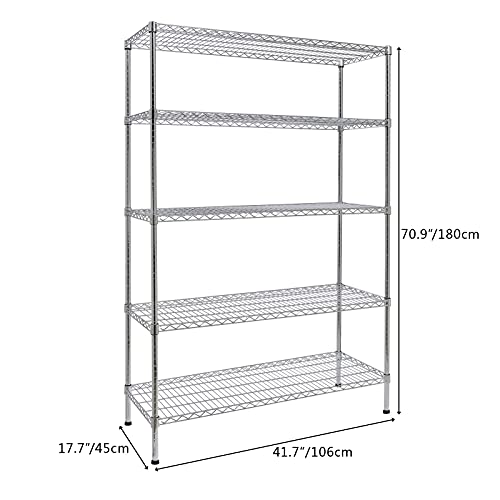 Duitrc Wire Shelving Unit Adjustable Steel Wire Rack Chrome, Heavy Duty Storage Shelving Unit On,Floor Standing Storage Rack Metal Organizer Wire Rack,for Garage Kitchen (Silvery, 5 - Tier)