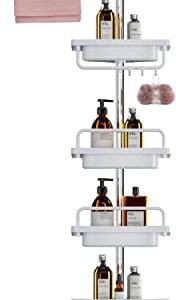 MOFAOTU Shower Caddy Corner, 4-Layer Shower Organizer, Rustproof Stainless Shower Shelves, Large Shower Storage and Shower Caddy Tension Pole, Drill Free Shower Rack, 55-117 Inch, White