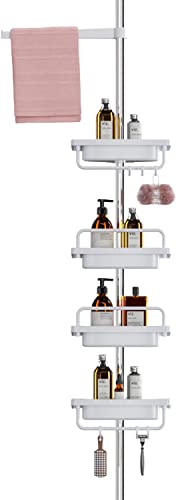 MOFAOTU Shower Caddy Corner, 4-Layer Shower Organizer, Rustproof Stainless Shower Shelves, Large Shower Storage and Shower Caddy Tension Pole, Drill Free Shower Rack, 55-117 Inch, White