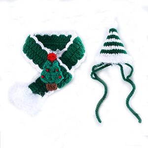 hand knitted dog cat santa hat & scarf set, christmas costumes for small dogs cats, santa claus xmas tree accessories (medium, green)