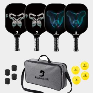 bellavenir graphite pickleball paddle set of 4 fiberglass racket,4 grip tape,4 ball in big storage bag,beginner friendly