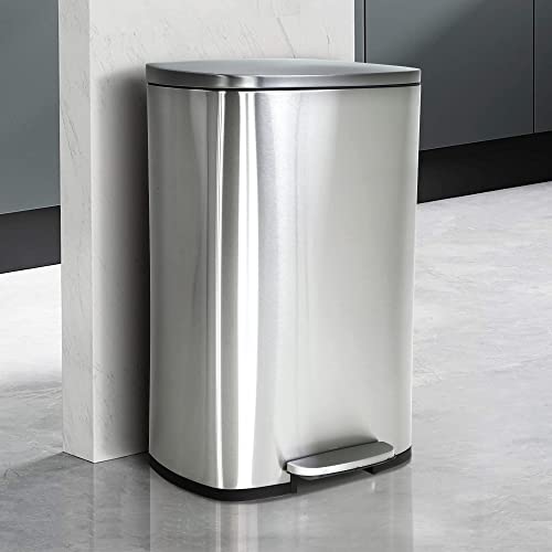 13 Gallon Kitchen Trash Can,Hands-Free Step Trash Can with Lid & Removable Inner Bucket, Garbage Can for Kitchen Living Room Bathroom Bedroom Office,Dog Proof Trash Can Stainless Steel Trash Can