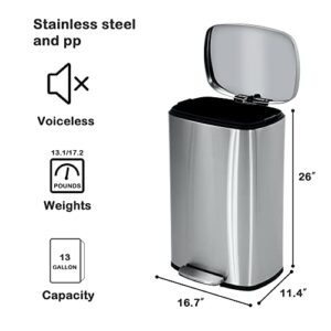 13 Gallon Kitchen Trash Can,Hands-Free Step Trash Can with Lid & Removable Inner Bucket, Garbage Can for Kitchen Living Room Bathroom Bedroom Office,Dog Proof Trash Can Stainless Steel Trash Can