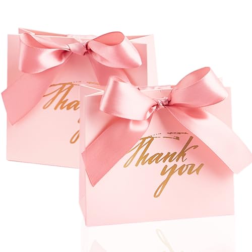 Jutieuo 25 Pack Small Gift Bags Thank You Party Favor Bags Paper Treat Boxes with Pink Bow Ribbons for Wedding, Baby Shower, Girls Ladies Birthday Party Supplies (Pink)