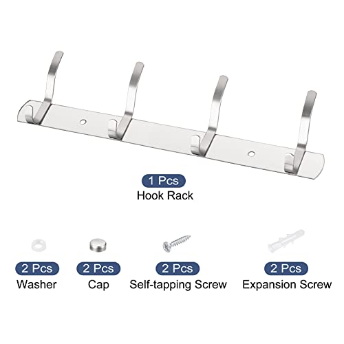 uxcell Coat Hook Rack, Stainless Steel Wall Mounted Coat Rack with 4 Hooks Hook Rail Wall Hangers for Hanging Bedroom Bathroom Silver