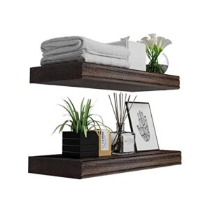 zgren floating shelves natural wood rustic wide wall mounted shelf 16 inch set of 2 farmhouse wooden shelving small decorative shelf for bathroom, bedroom, kitchen, living room decor, black dark brown