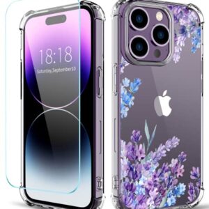 YOYORI iPhone 14 Pro Case with Screen Protector, Flower Pattern Design, Floral Clear Women Phone Case Shockproof Protective Soft TPU Bumper Cover 6.1 Inch 2022 (Lavender/Purple)