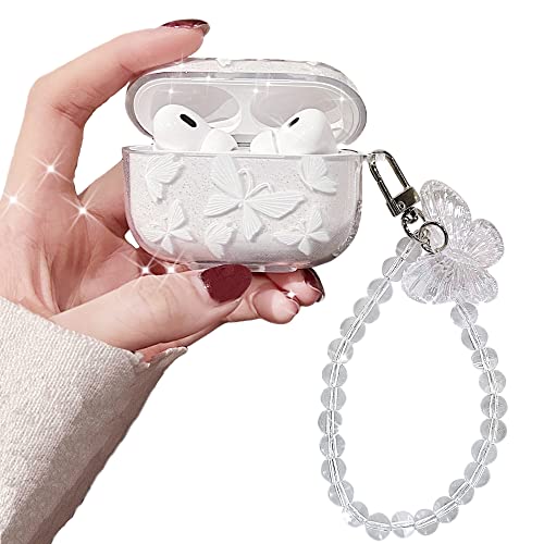 Srddty Compatible with AirPods Pro 2 Case Cute Clear Glitter, Shockproof Soft TPU Protective Case Cover for Girls Women with Keychain Designed for AirPod Pro 2nd Generation 2022, Butterfly