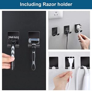 Diesisa Razor Holder 304 Stainless Steel for Shower + Adhesive Sticky Heavy Duty Waterproof Wall Hooks, Premium for Hanging Towels, Coat, hat (2+2 Pack) - Black