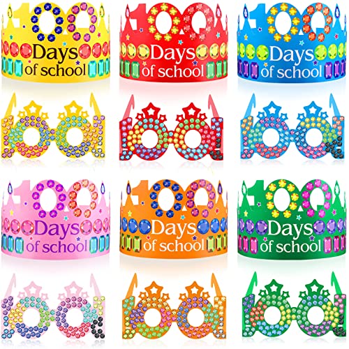 48 Pcs 100 Days of School Party Supplies 100th Day of School Crown Bulk Rhinestone Star Eyewear Glasses and Crowns 100 Days School Paper Party Hats and Eyeglasses for Kids School Classroom Decoration