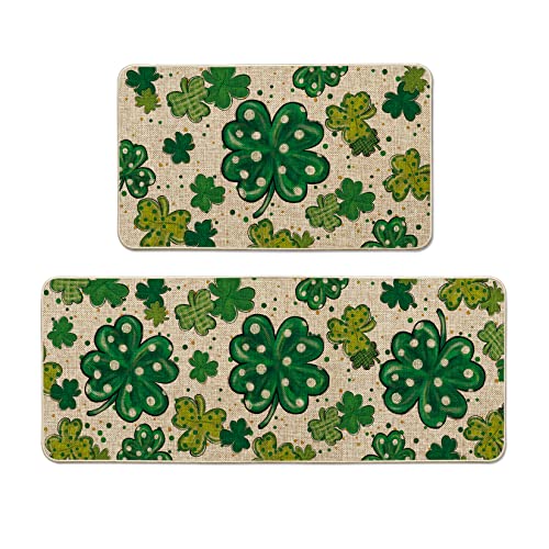 Artoid Mode Clover Shamrock Welcome Decorative Kitchen Mats Set of 2, Home Party Low-Profile Home Kitchen Rugs - 17x29 and 17x47 Inch