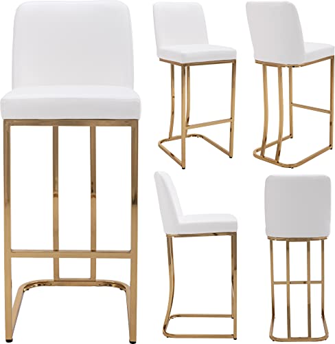 Wahson Set of 2 Classic Modern Faux Leather Upholstered 29" H Bar Height Stools, for Kitchen Island/Dining Room, with Golden Metal Frame, White