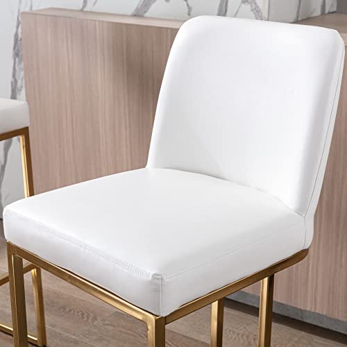 Wahson Set of 2 Classic Modern Faux Leather Upholstered 29" H Bar Height Stools, for Kitchen Island/Dining Room, with Golden Metal Frame, White