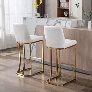 Wahson Set of 2 Classic Modern Faux Leather Upholstered 29" H Bar Height Stools, for Kitchen Island/Dining Room, with Golden Metal Frame, White