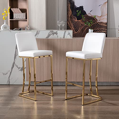 Wahson Set of 2 Classic Modern Faux Leather Upholstered 29" H Bar Height Stools, for Kitchen Island/Dining Room, with Golden Metal Frame, White