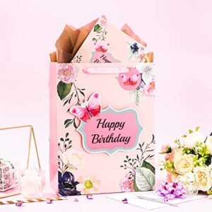 MAYPLUSS 13" Large Gift Bag with Greeting Card and Tissue Paper for Birthday - Pink Floral