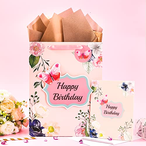 MAYPLUSS 13" Large Gift Bag with Greeting Card and Tissue Paper for Birthday - Pink Floral