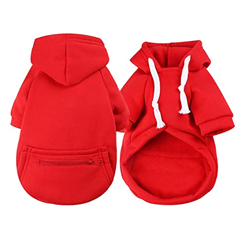 Cute Cat Clothes for Boy Cats Pet Autumn and Winter Fleece Pocket Sweatshirt Solid Color Zipper Tops Cats and Dogs Hoodies Red Warm Pet Puppies Clothes for Girls Christmas Outfits