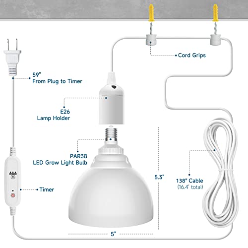 Barrina LED Grow Light Bulb with Timing and Hanging System, 25W Full Spectrum, 4H/9H/14H Timer, Hanging Grow Lights for Indoor Plants with 16.4FT Power Cord, Plug in Pendant Light for Plants