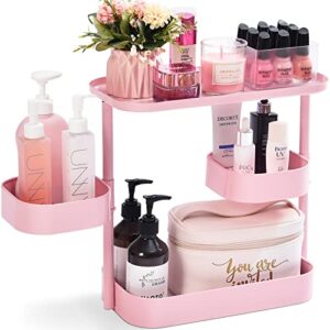 kingrack 3 tier bathroom counter organizer rotatable, metal makeup cosmetic storage holder, standing storage rack, vanity trays countertop organizer for perfume skincare supplies and decor, pink