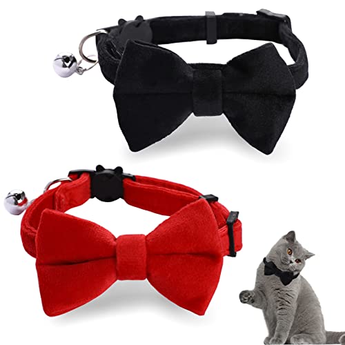 2 Pcs Velvet Cat Collar with Bell and Bowtie, Adjustable Breakaway Cat Collars Kitten Small Puppy Safety Bow Tie Solid Wedding Basic Color Cat Bow Tie Collar