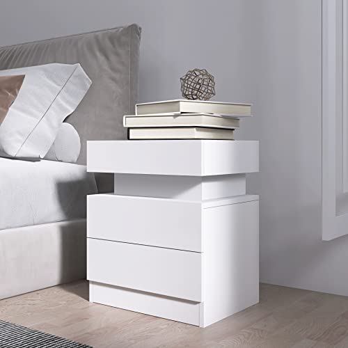 Yoluckea LED Nightstand for Bedroom, Modern High Gloss Wood 2 Drawers White Nightstand Bedside Table End Table with Flip Top Hidden Storage Compartment for Bedroom Living Room