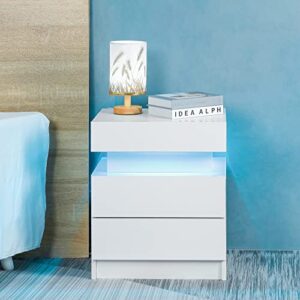 Yoluckea LED Nightstand for Bedroom, Modern High Gloss Wood 2 Drawers White Nightstand Bedside Table End Table with Flip Top Hidden Storage Compartment for Bedroom Living Room