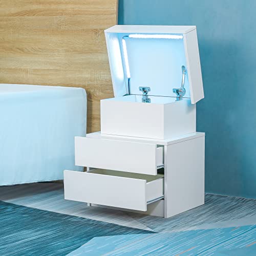 Yoluckea LED Nightstand for Bedroom, Modern High Gloss Wood 2 Drawers White Nightstand Bedside Table End Table with Flip Top Hidden Storage Compartment for Bedroom Living Room