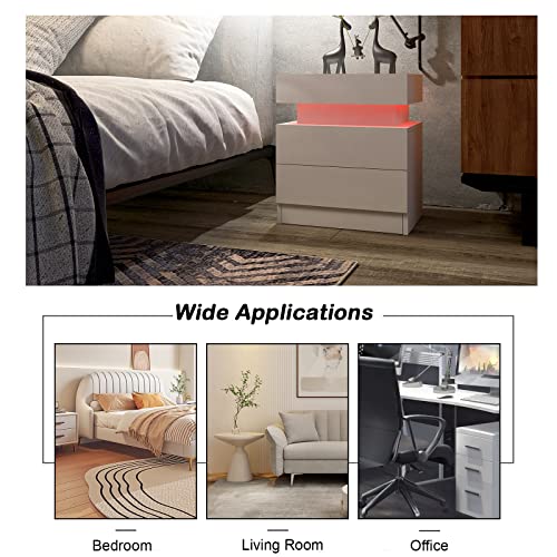 Yoluckea LED Nightstand for Bedroom, Modern High Gloss Wood 2 Drawers White Nightstand Bedside Table End Table with Flip Top Hidden Storage Compartment for Bedroom Living Room