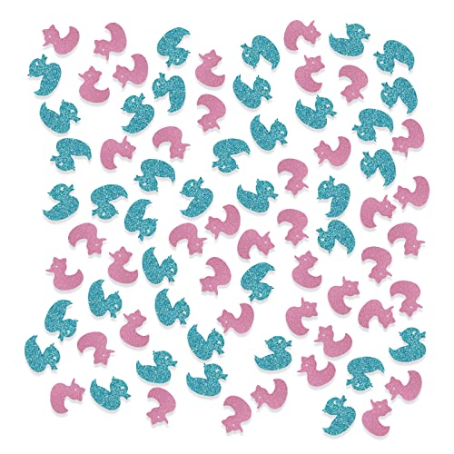 Labakita 100 Pcs Duck Confetti for Tables, Baby Shower Gender Reveal Table Confetti, Waddle It Be/Boy or Girl Party Duck Confetti - Blue & Pink Glitter