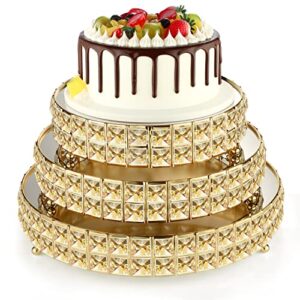 3 pcs crystal metal cake display stand with mirror top plate 10 inch, 12 inch, 14 inch crystal gold dessert display pedestal gold round cake stand for wedding anniversary baby shower birthday party